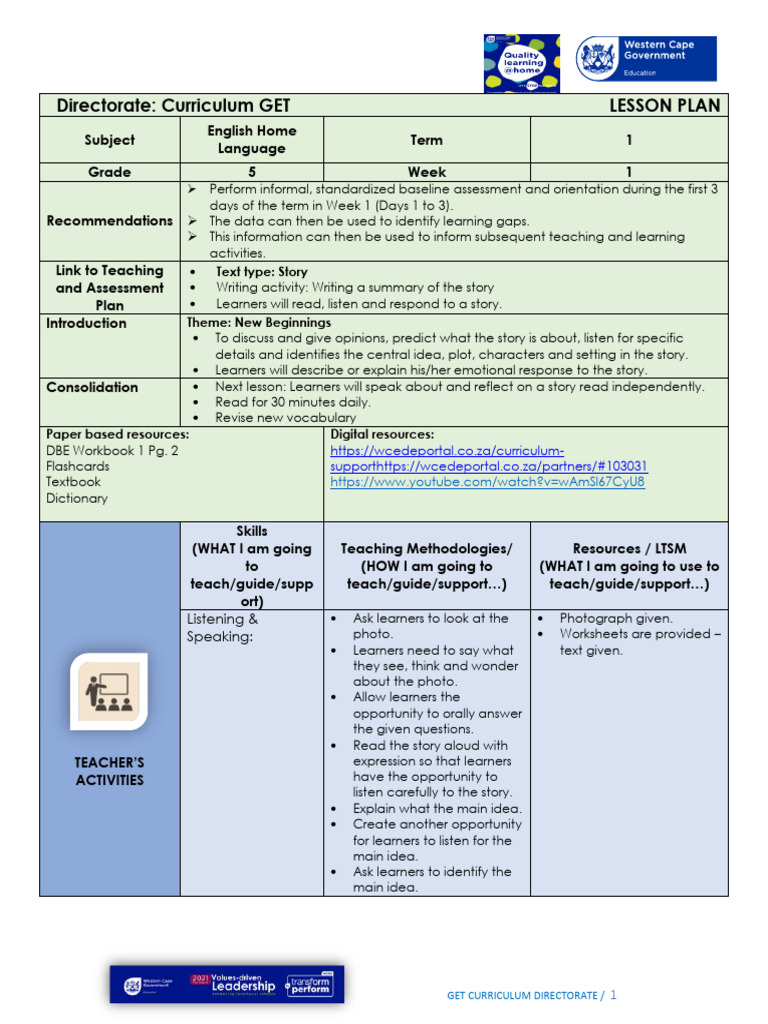 Grade 5 English Lesson Plan | PDF | Vocabulary | Lesson Plan