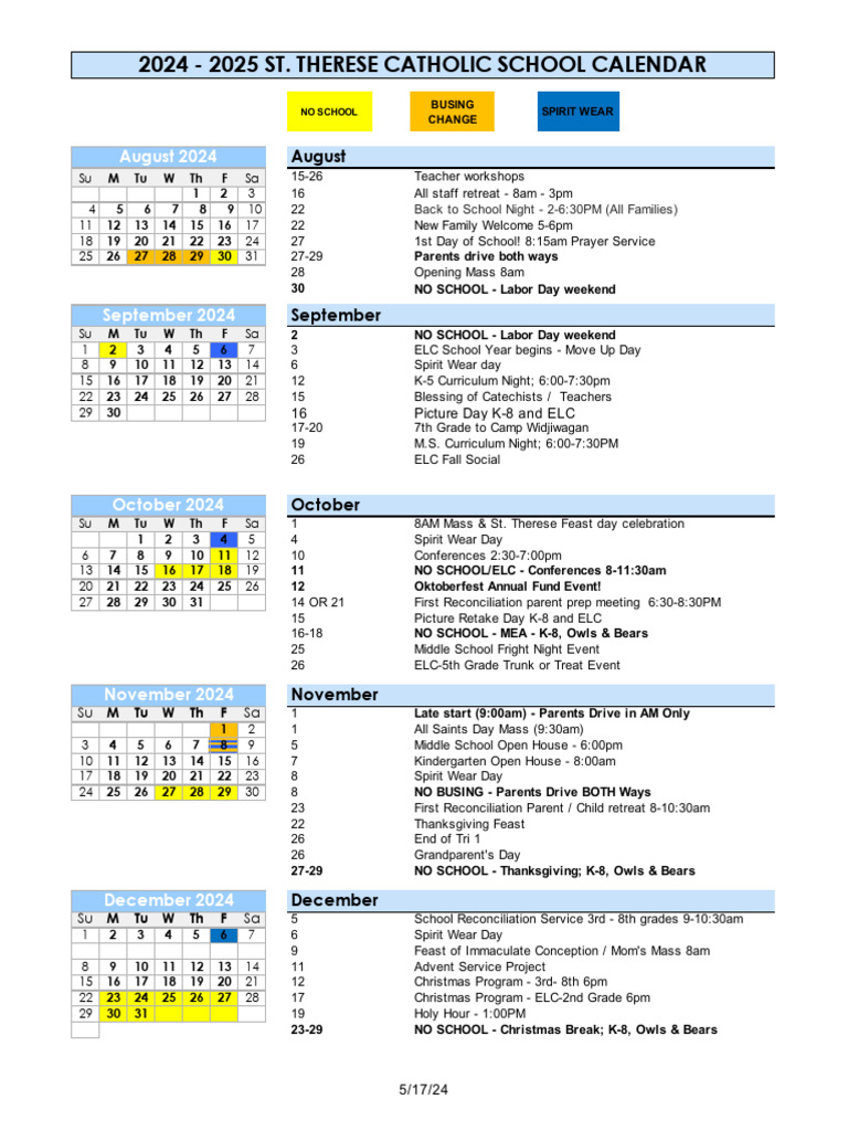 STS School Calendar 24 25 | PDF | Mass (Liturgy) | Catholic Church