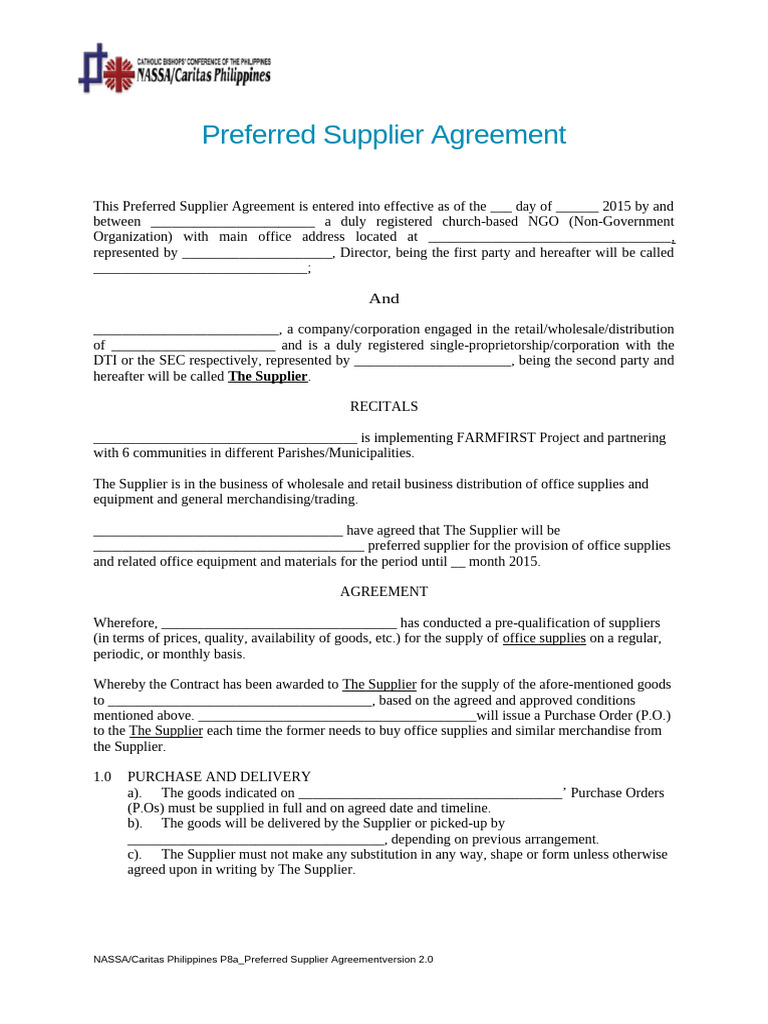 Preferred Supplier Agreement Template | PDF | Receipt | Private Law