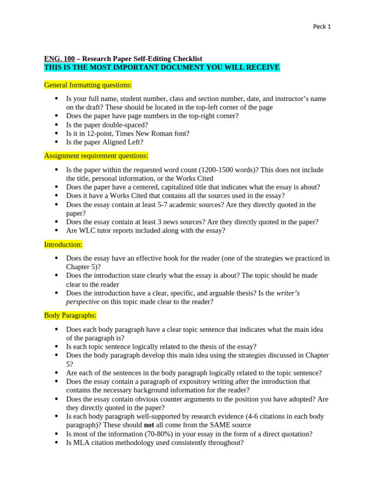 ENG. 100 - Research Paper Self-Editing Checklist | PDF | Essays | Paragraph