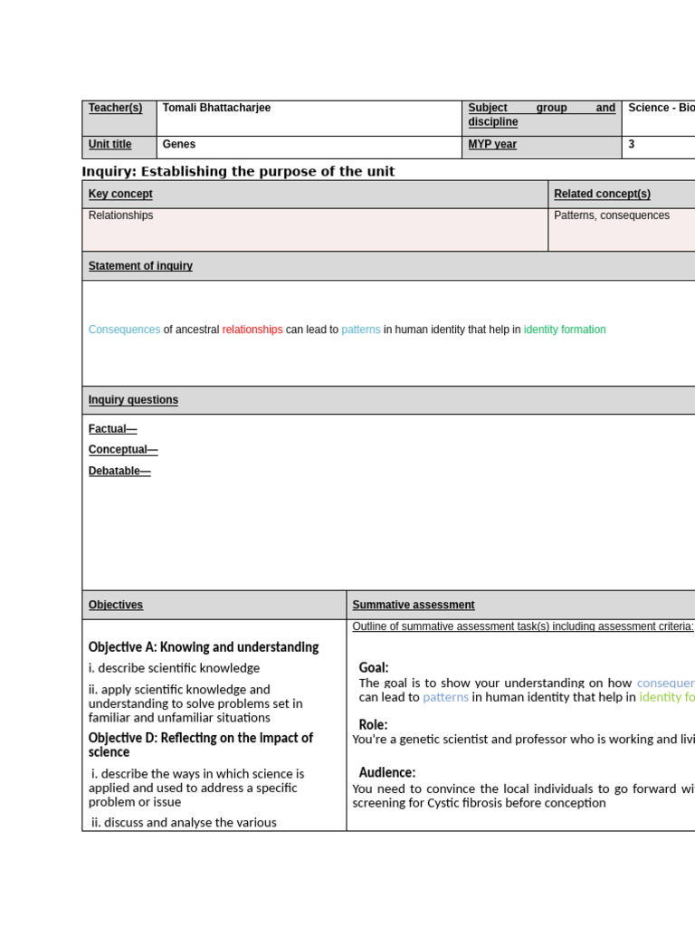 MYP Unit Planner - Tomali Bhattacharjee | PDF | Science | Genetic Disorder