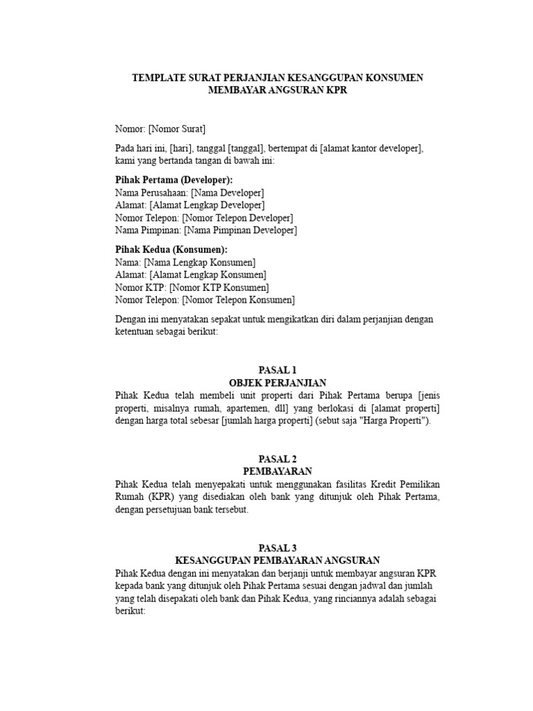 Template Surat Perjanjian Konsumen Dengan Developer | PDF