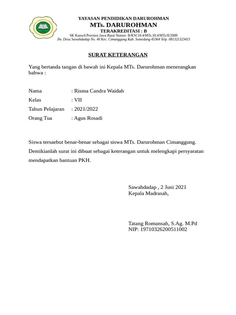 Surat Keterangan PKH | PDF