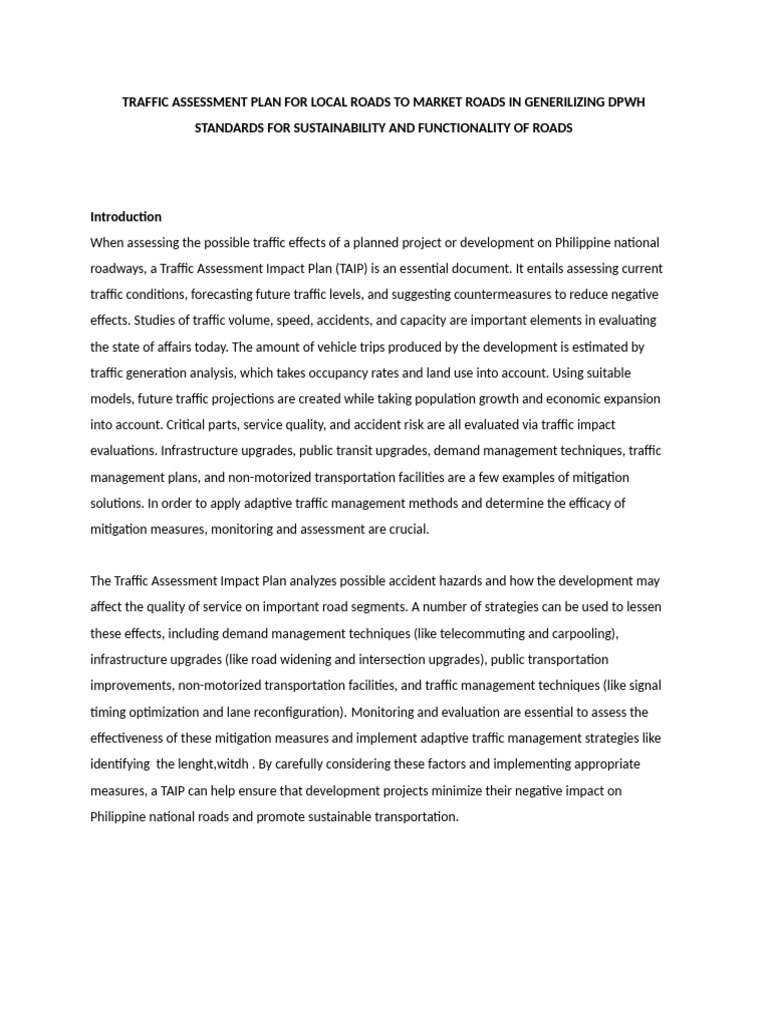 Traffic Assessment Plan For Local Roads To Market Roads in Generilizing ...