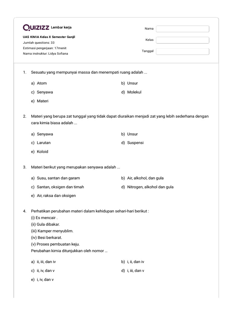 UAS KIMIA Kelas X Semester Ganjil | PDF