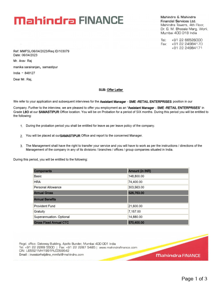 Assistant Manager Offer Letter - MMFSL | PDF | Pension | Business
