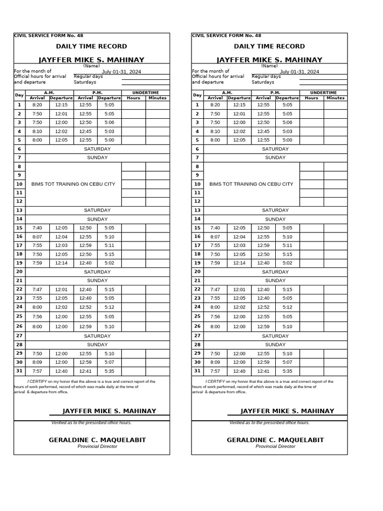 Daily Time Record for Jayffer Mahinay | PDF