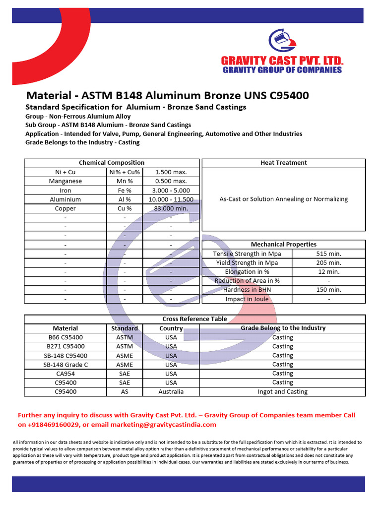 ASTM B148 Aluminum Bronze UNS C95400 | PDF | Aluminium | Bronze