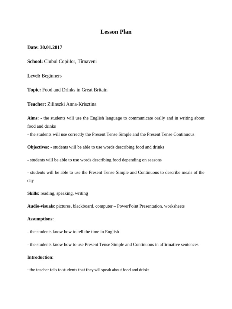 Food and Drinks Lesson Plan | PDF | Lesson Plan | Lunch