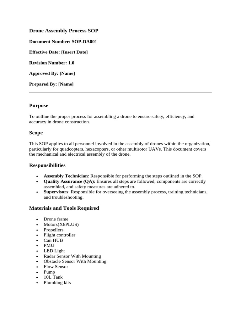 Drone Assembly Process SOP | PDF | Unmanned Aerial Vehicle | Electrical Connector