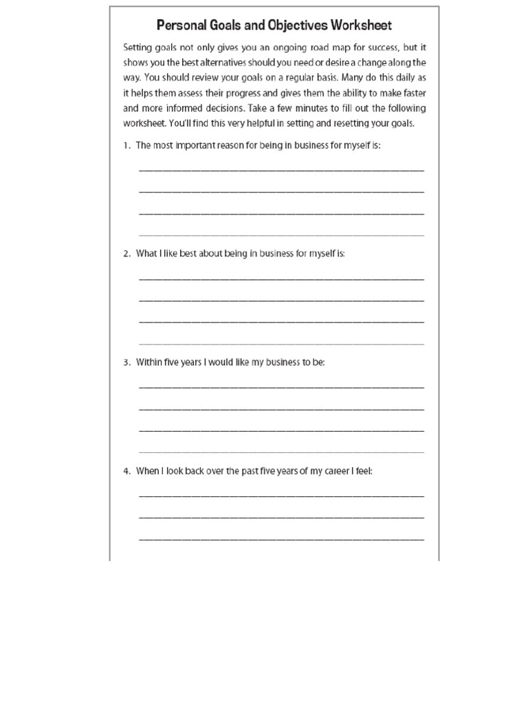 Personal Goals and Objectives Worksheet | PDF
