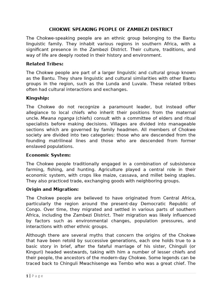 Chokwe Speaking People of Zambezi District | PDF