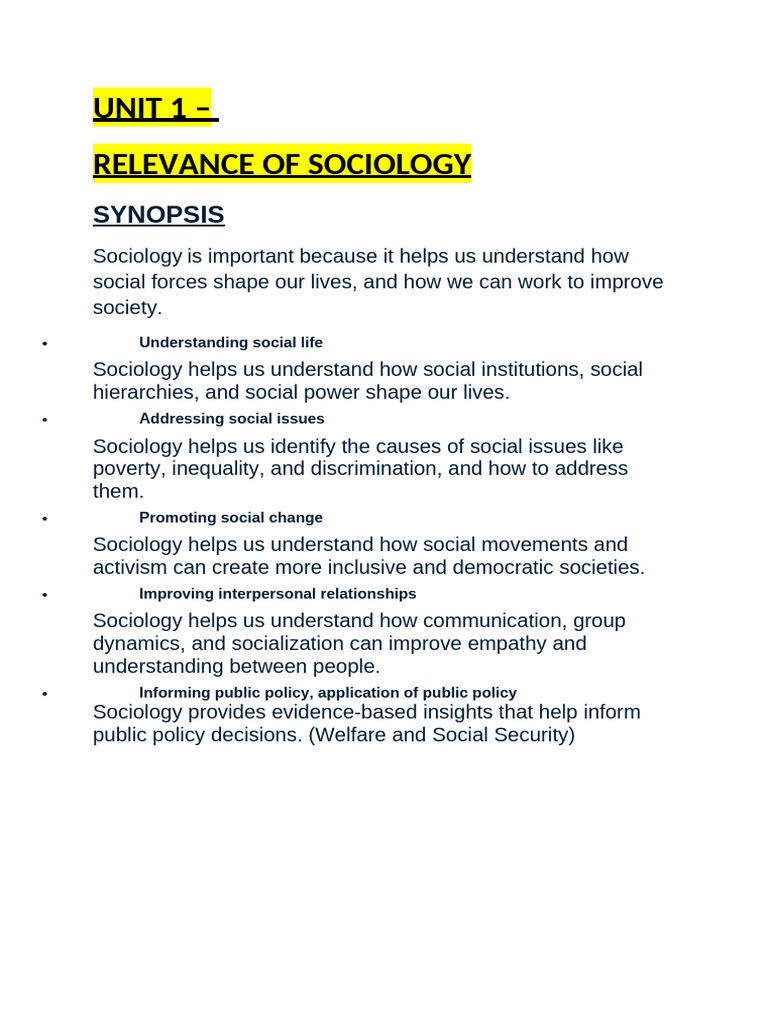 Unit 1 - Relevance of Sociolgy | PDF | Sociology | Society
