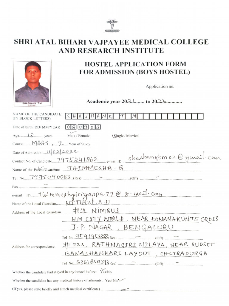 Shri Atal Bihari Vajpayee College, Boys Hostel Application | PDF