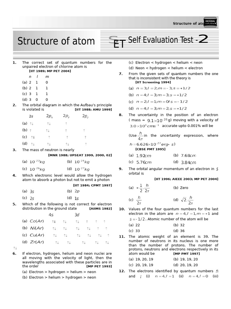 Class 11 Atomic Structure MCQs Guide | PDF | Atoms | Electron