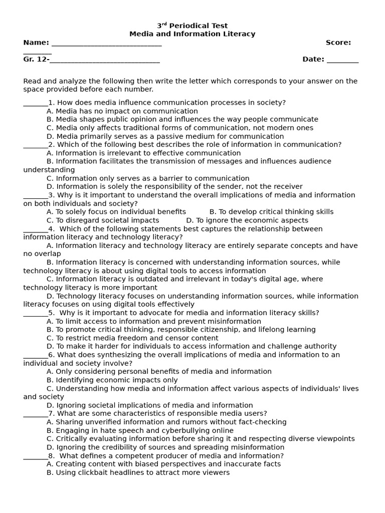 Media and Information Literacy Test | PDF | Social Media | Popular ...