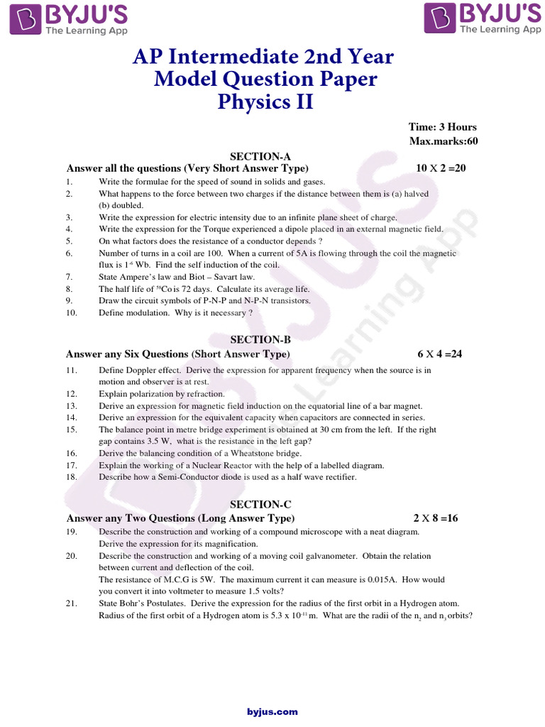 AP Intermediate 2nd Year Model Question Papers Physics Paper II | PDF | Inductor | Magnetic Field