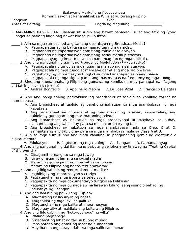 FILIPINO 2ND QUARTER EXAM_PRINT | PDF