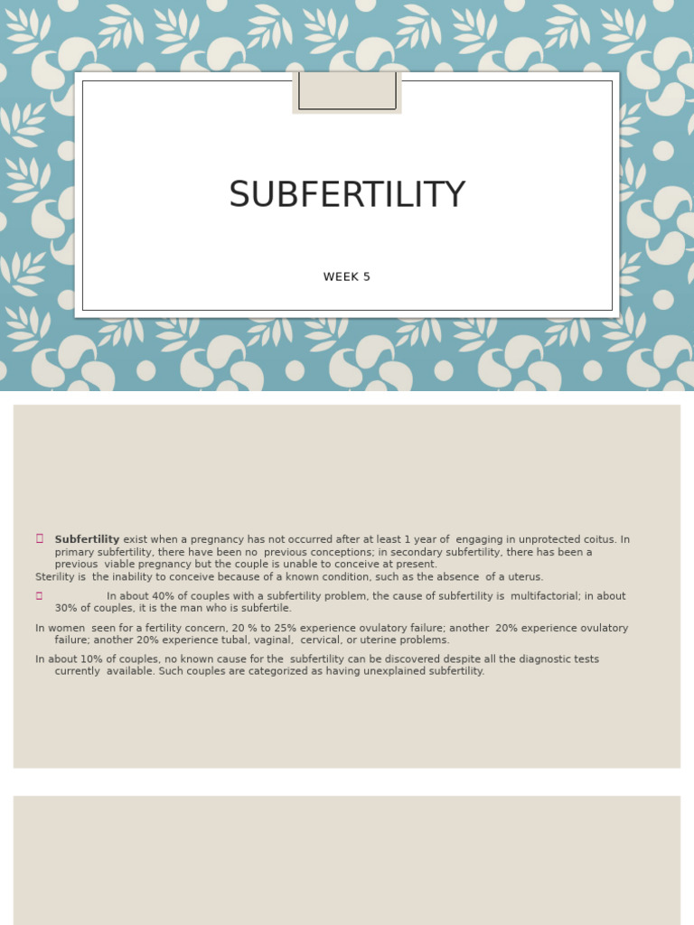 Ob Week 5 Subfertility | PDF | Infertility | Testicle