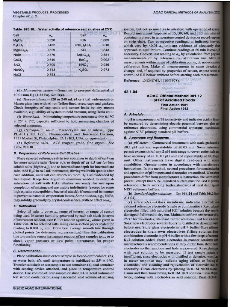 AOAC 981.12, Chapter 42. 19th Ed, 2012 (PH) | PDF