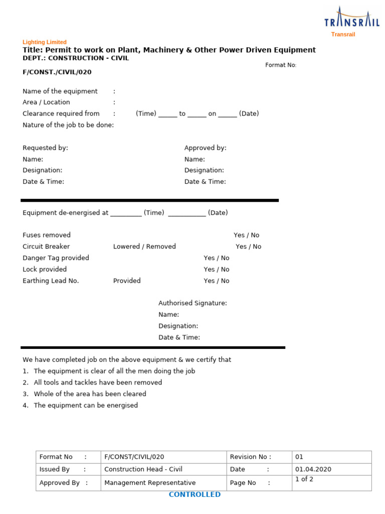 Work Permit for Shut Down & Other Power Works | PDF | Manufactured ...