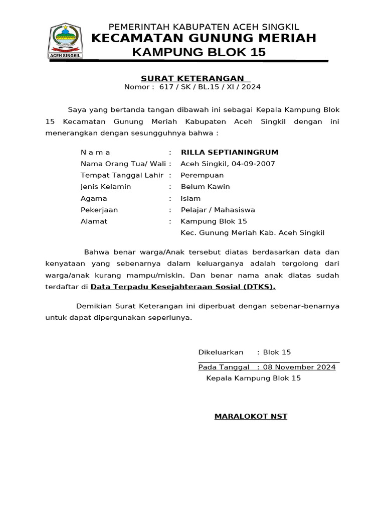 Surat Keterangan Terdaftar Di DTKS | PDF