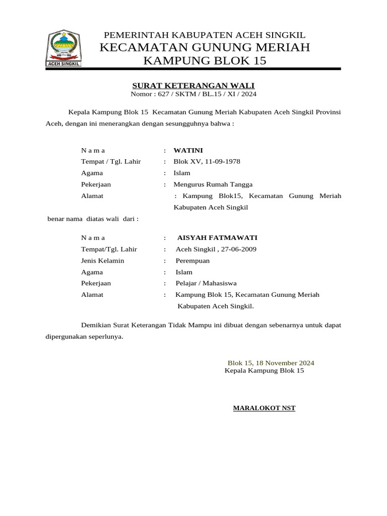 Surat Keterangan Wali | PDF