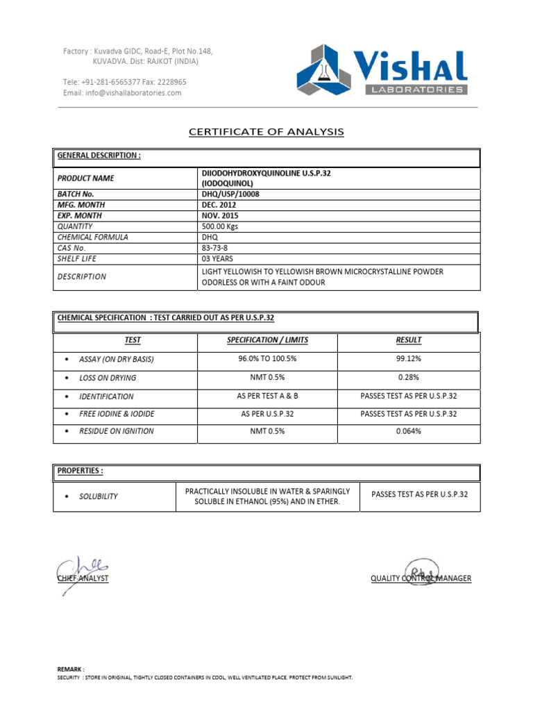 Iodoquinol Certificate of Analysis | PDF