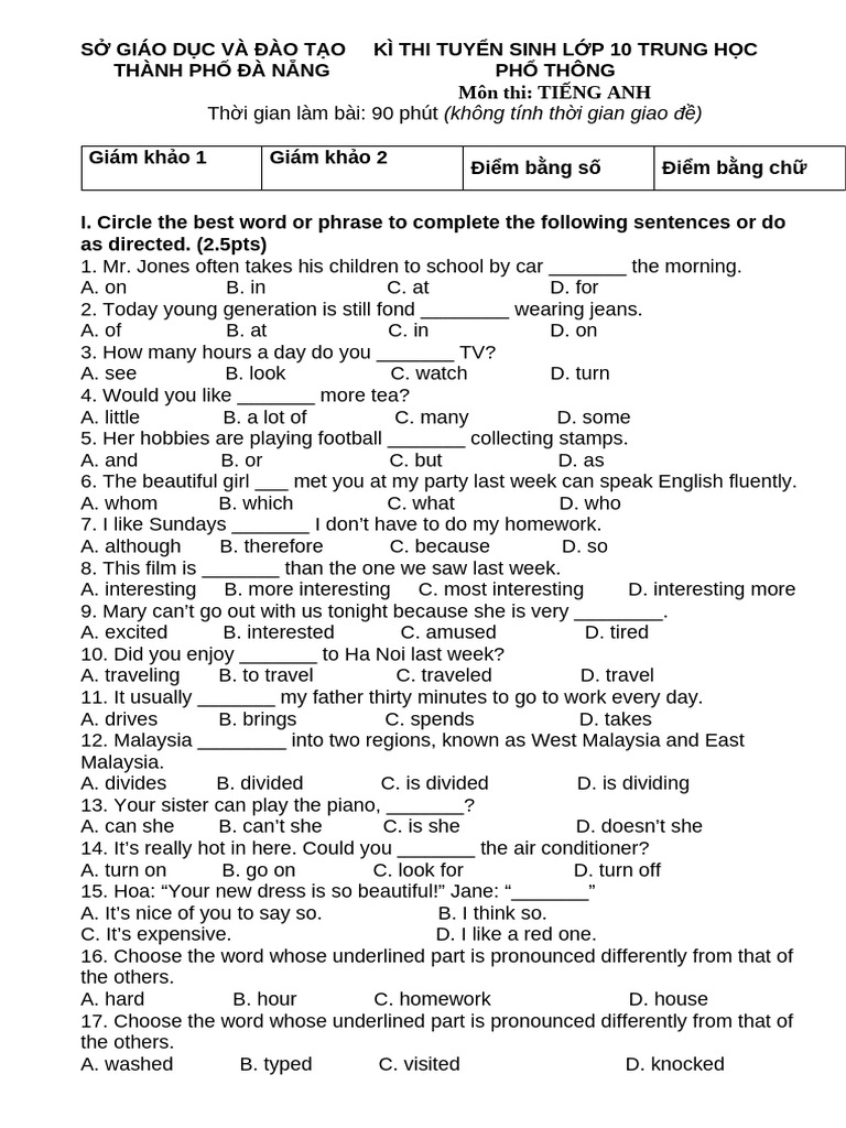 Môn thi: TIẾNG ANH: (không tính thời gian giao đề) | PDF | Syntax | Grammar
