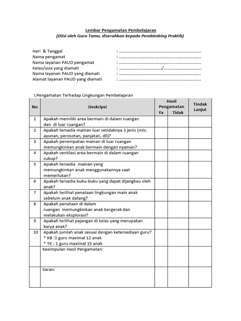 Lembar Observasi Pembelajaran PAUD | PDF