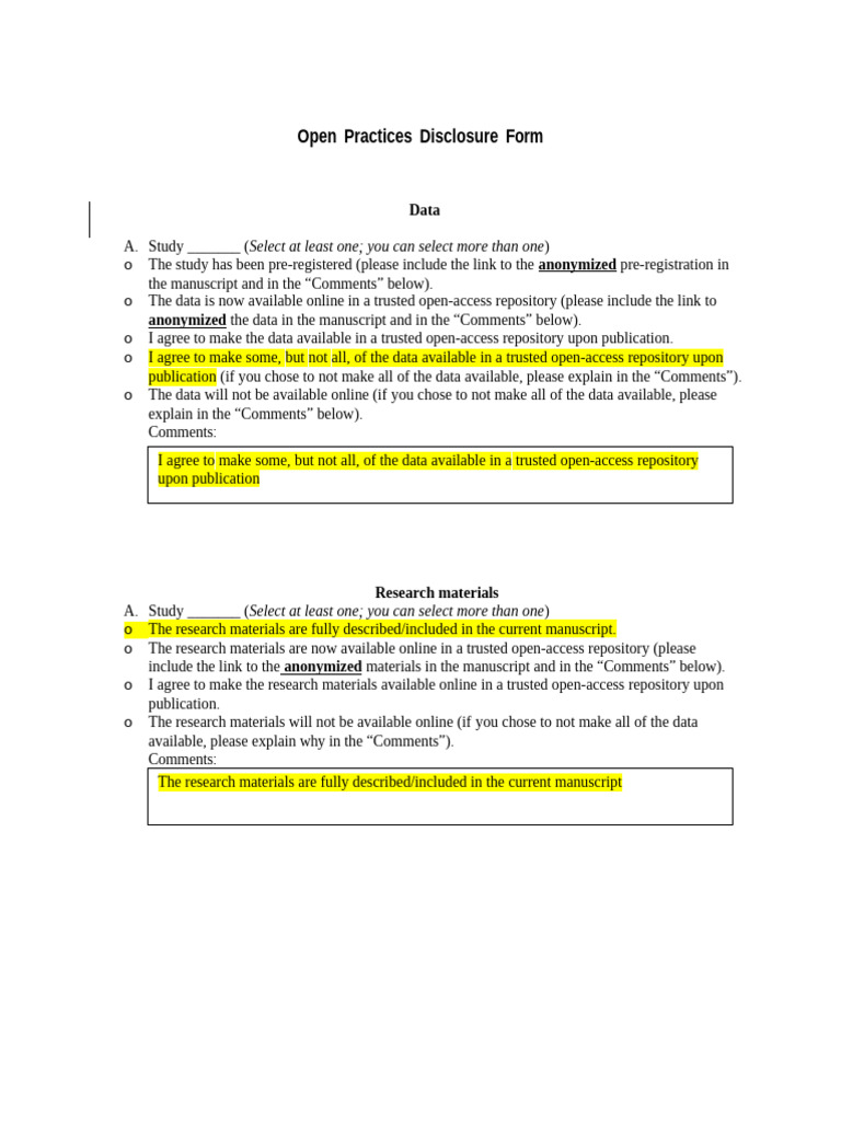 Open Practices Disclosure Form | PDF