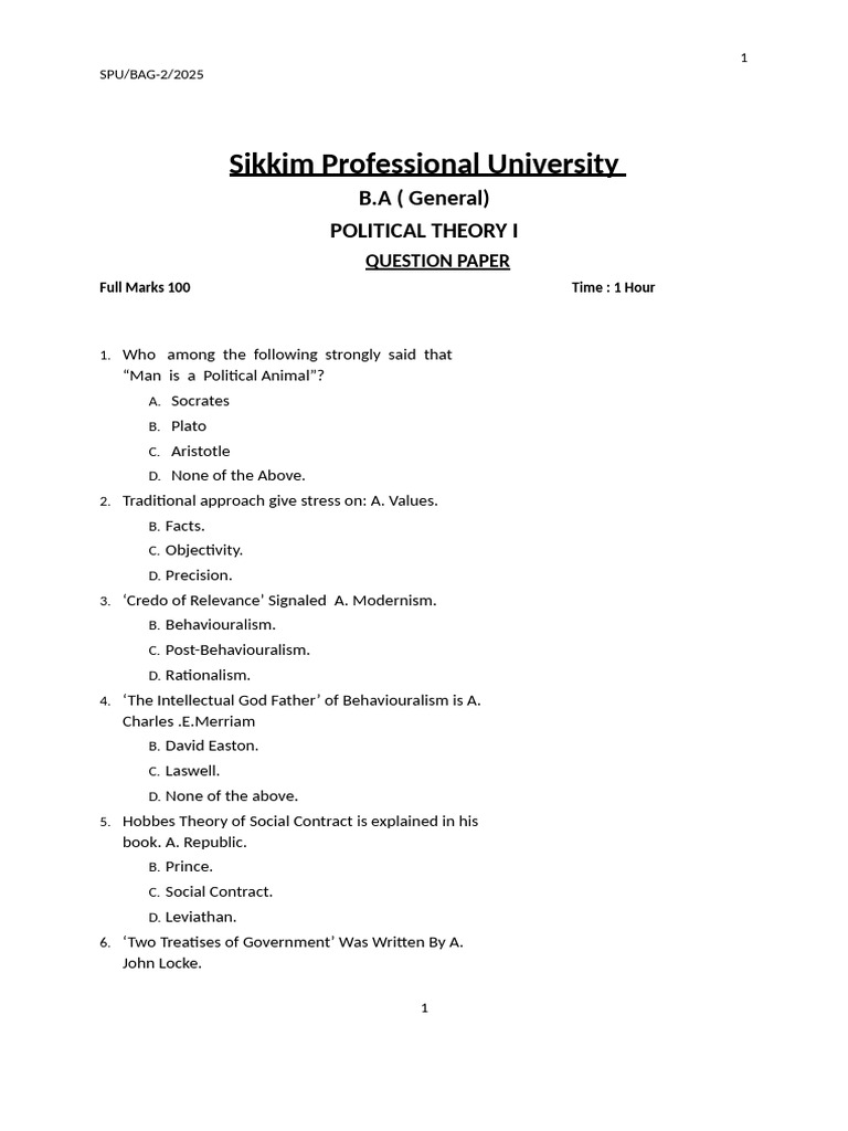 A Multiple Type Questions BA Political Science CBCSS Private Sem I ...