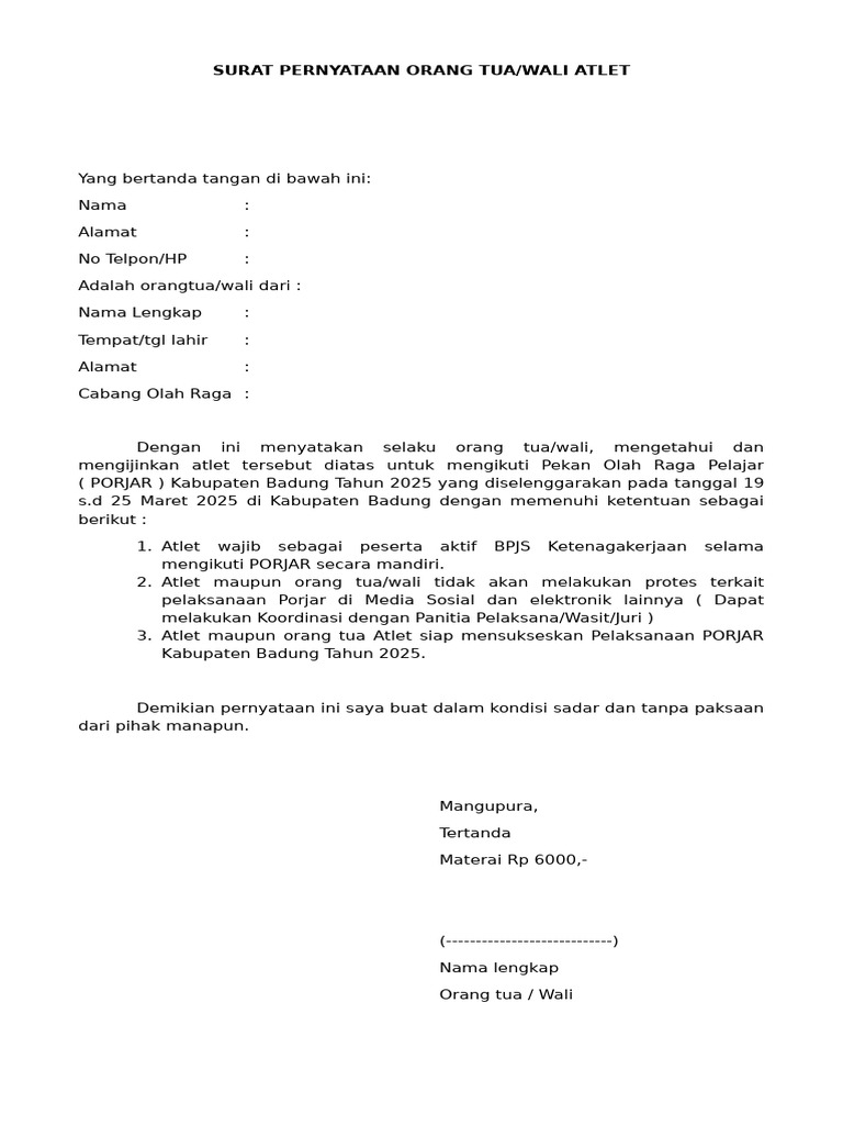 Surat Pernyataan Orang Tua Atlet (1) | PDF