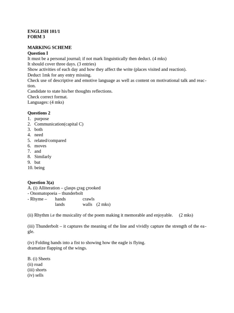English 101 Marking Scheme Overview | PDF