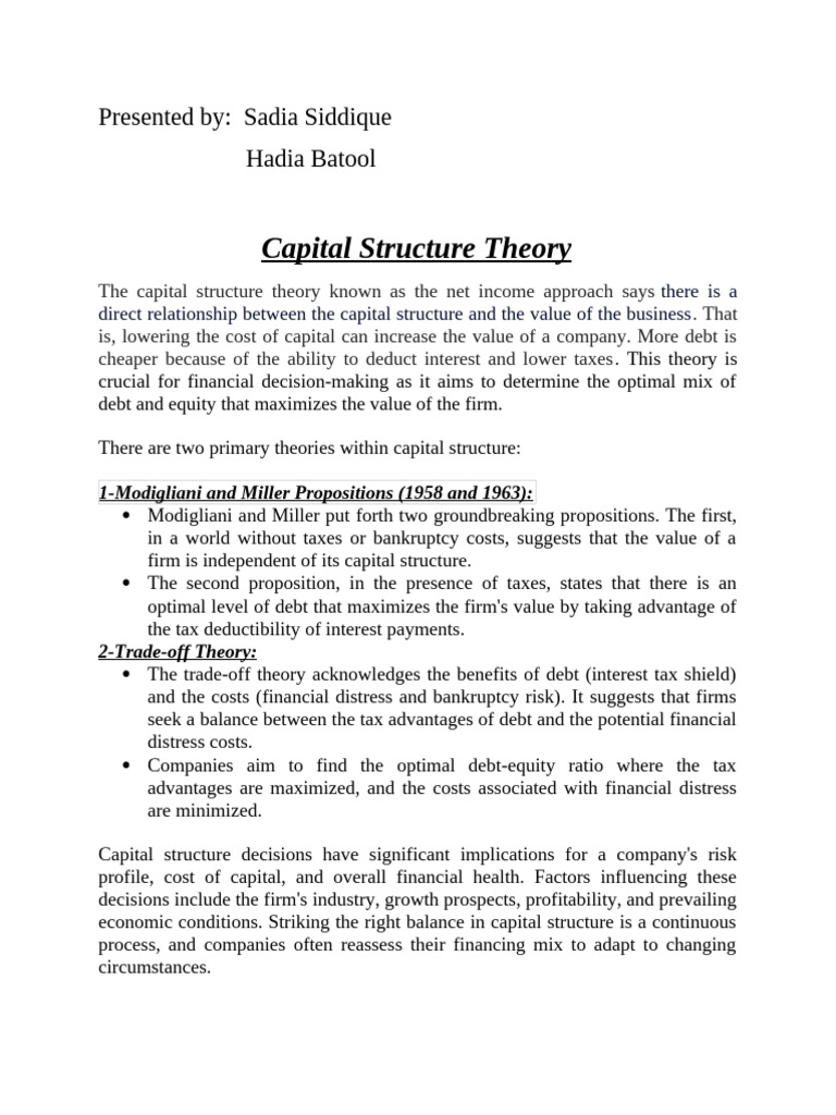 Capital Structure Theory: Presented By: Sadia Siddique Hadia Batool | PDF