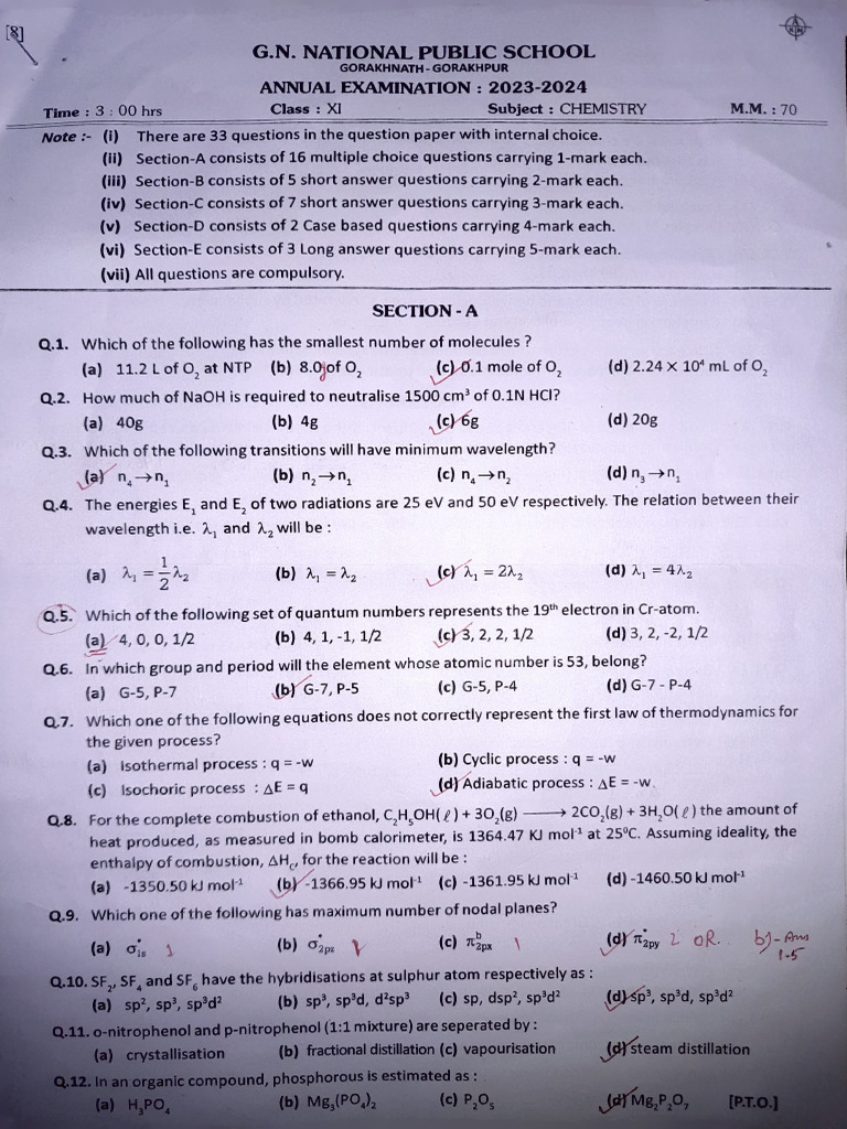 Class XI Chemistry Annual Exam 2023-24 | PDF | Chemical Compounds | Chemical Reactions