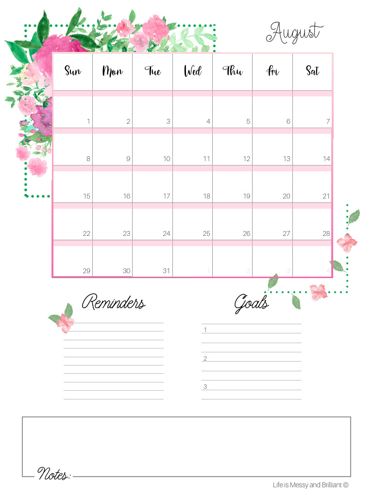 Sunday August Bullet Journal Calendars | PDF