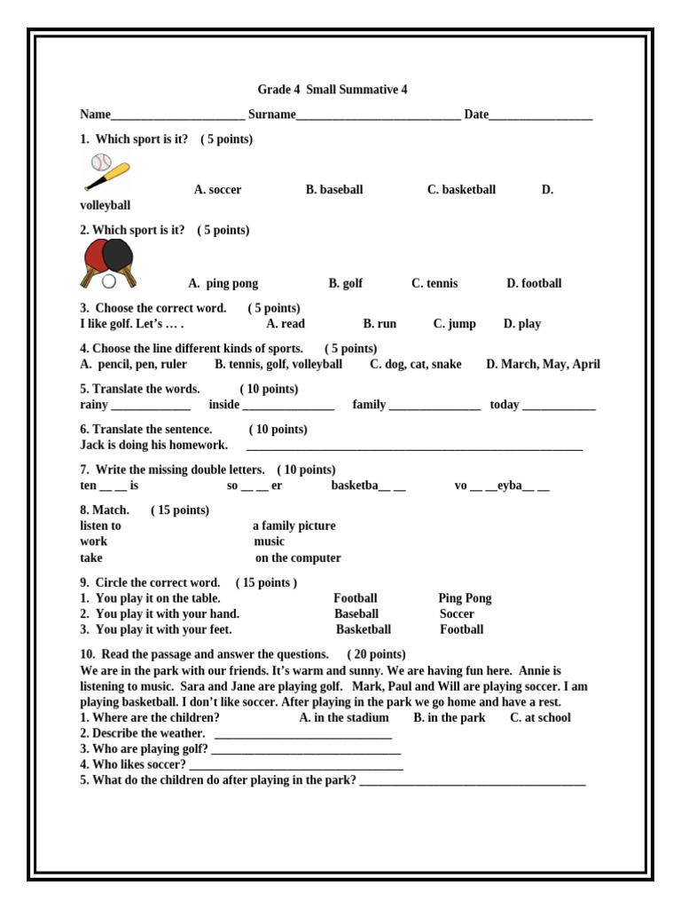 Grade 4 Sports Summative Assessment | PDF