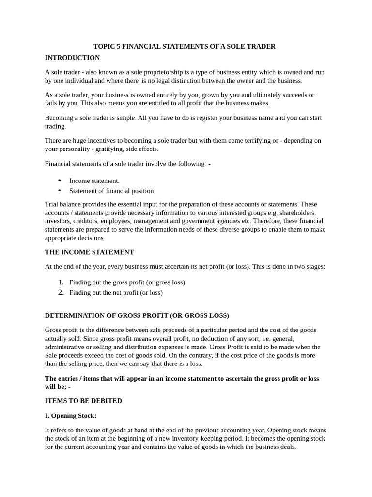 Topic 5 Financial Statements of a Sole Trader | PDF | Debits And ...