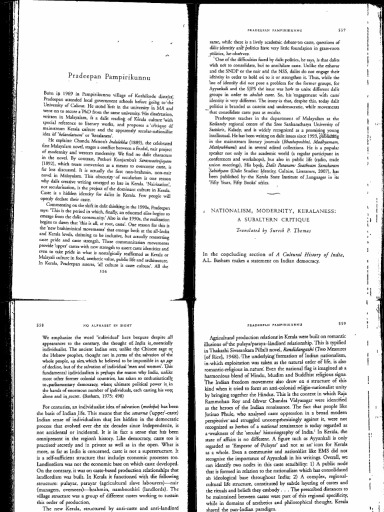 Pradeepan Pampirikunnu - Nationalism, Modernity, Keralaness A Subaltern Critique | PDF