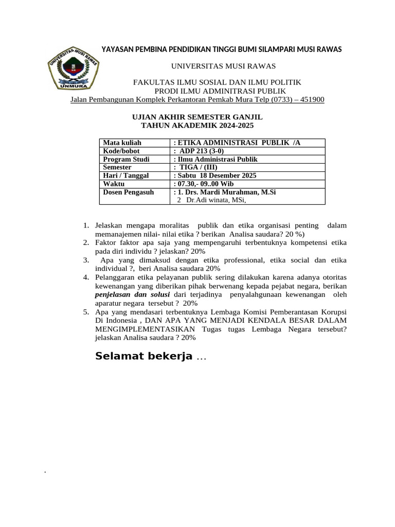 Soal Uas Etika AP Ganjil 2025 Kls A | PDF