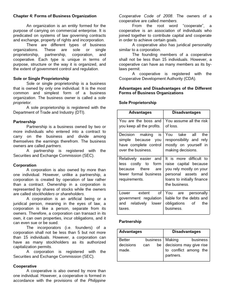 Handout 4 Forms of Business Organization | PDF | Partnership | Sole Proprietorship