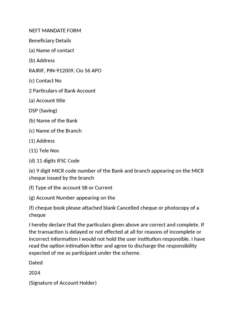 Neft Mandate Form | PDF