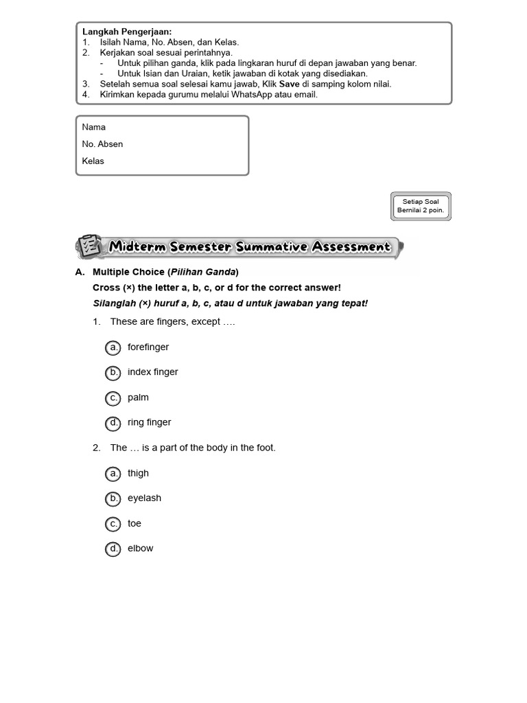 SD Bahasa Inggris 5 Midtern Semester Summative Assessment | PDF | Taste