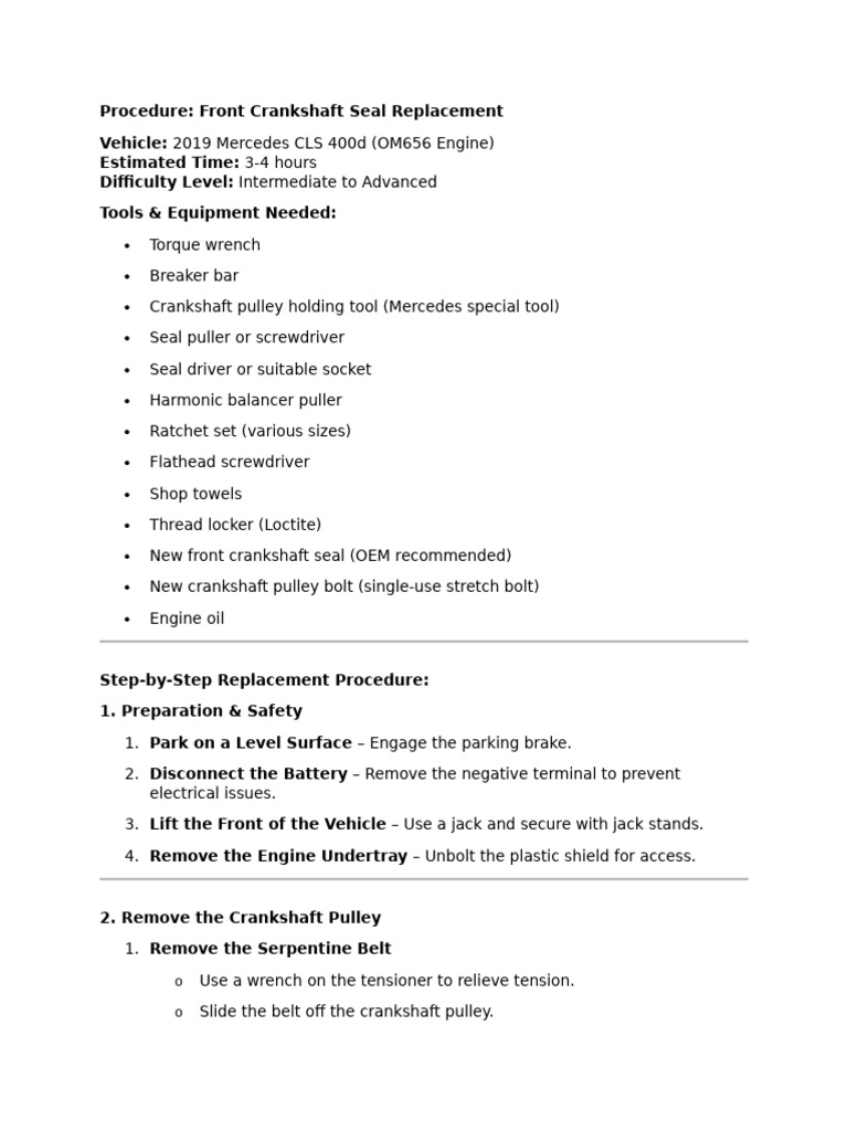 Procedure Front Crankshaft Seal Replacement | PDF | Screw ...