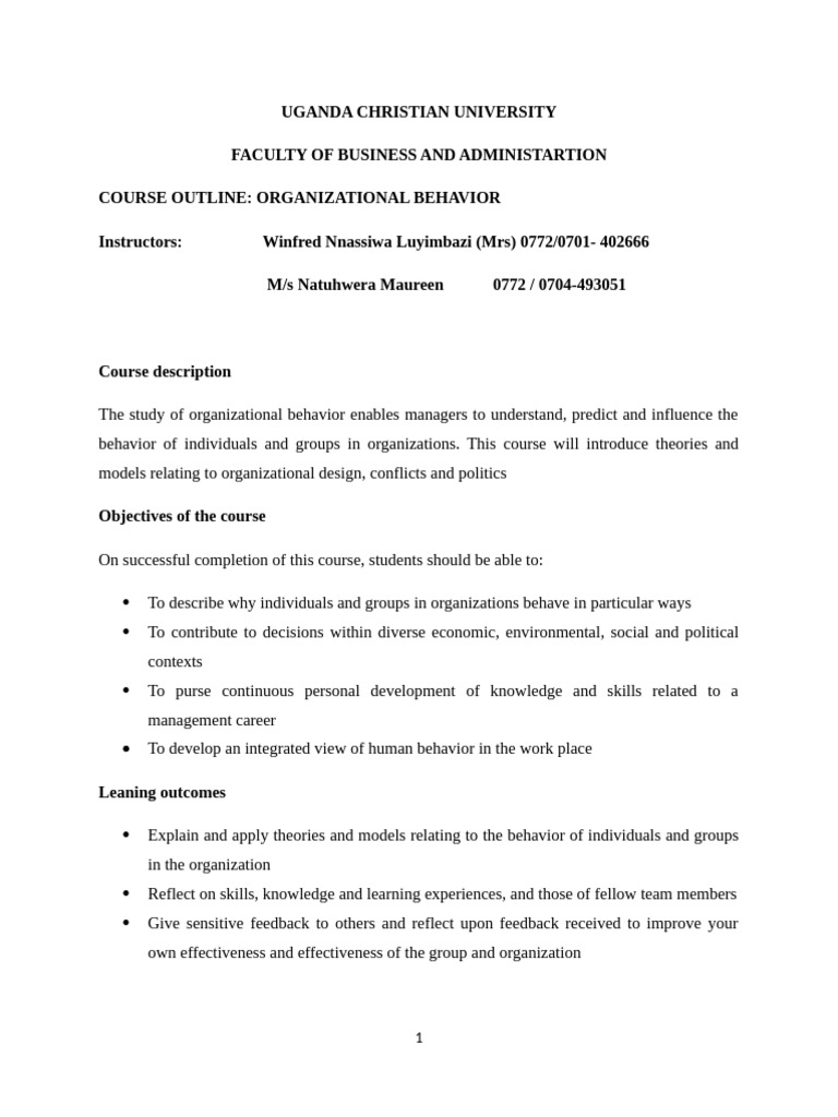Organizational Behavior Course Outline | PDF | Organizational Behavior ...