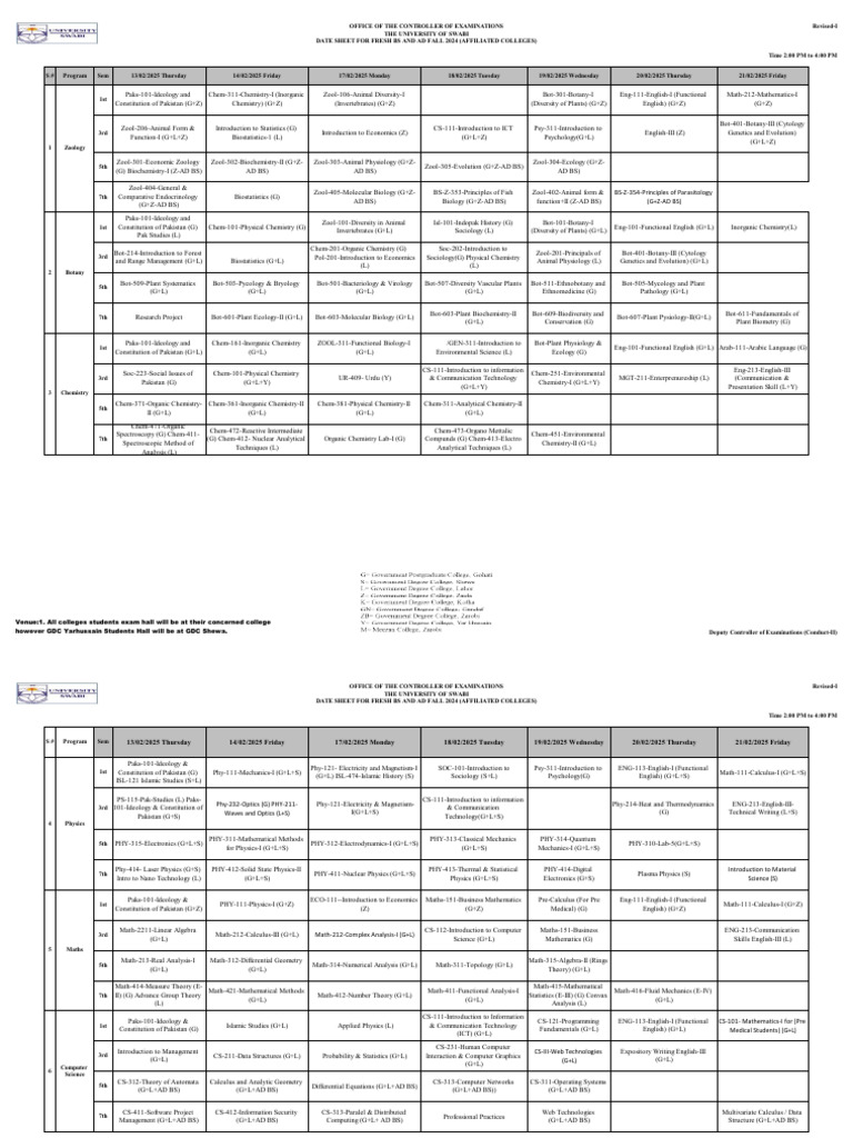 BS AD Date Sheet Fall 2024-Final Revised-II Updated | PDF | Mathematics