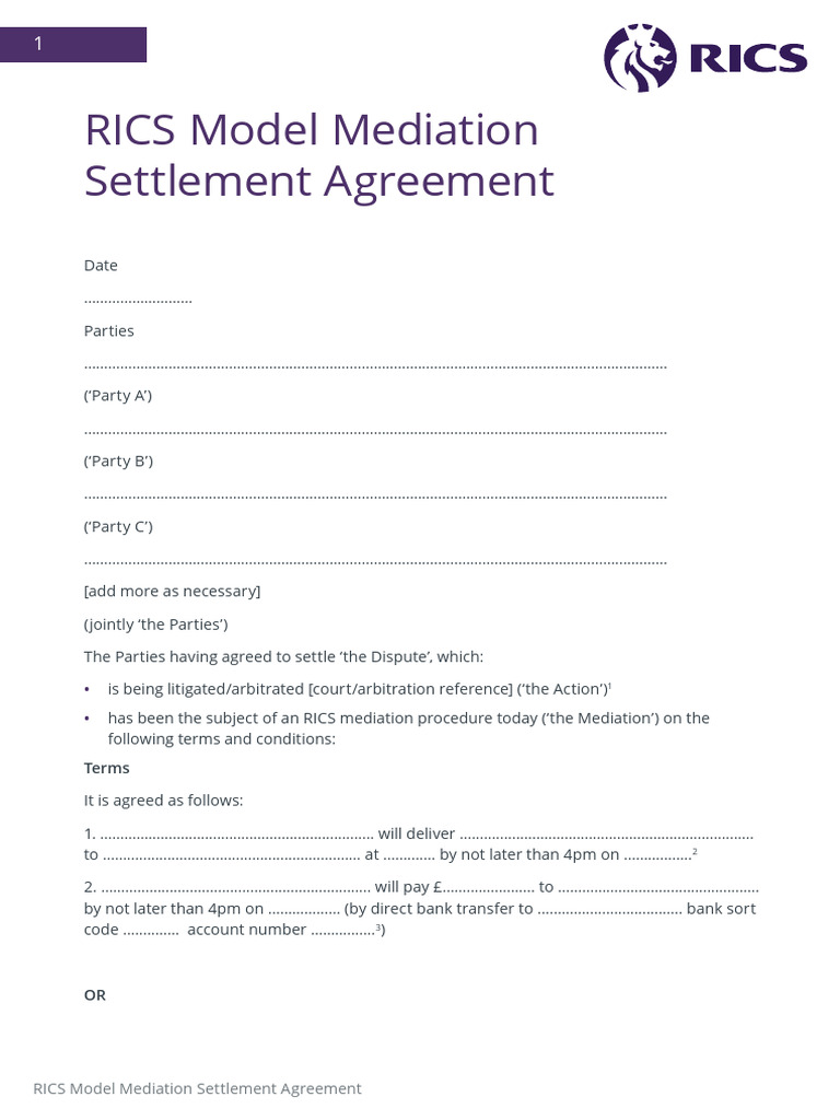 RICS Mediation Settlement Agreement Template | PDF | Mediation | Settlement (Litigation)