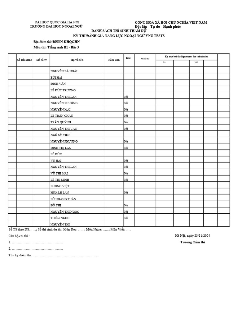 Danh Sách Thi VNU TESTS 23112024 2 | PDF