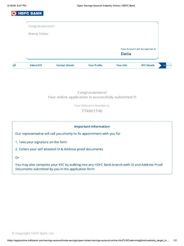 New HDFC Account Confirmation | PDF